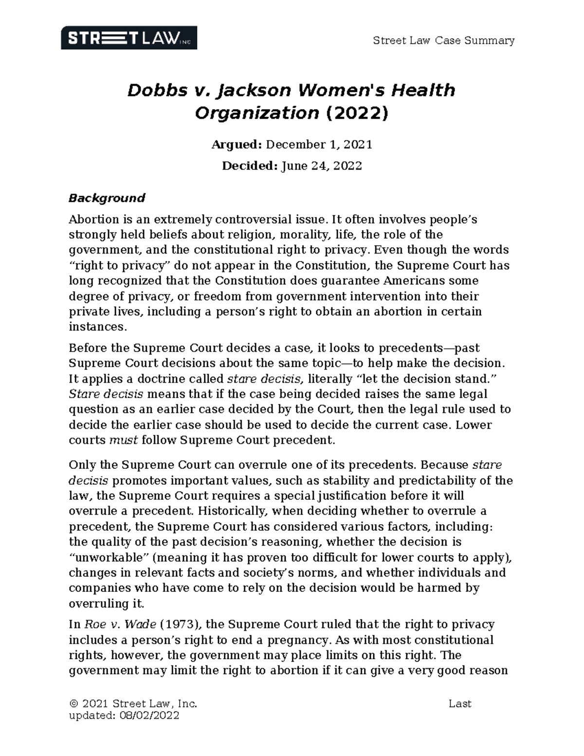 Dobbs v jackson womens health 08-11-2022 - Street Law Case Summary ...