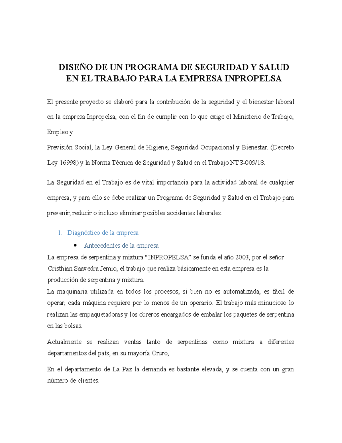 Diseño DE UN Programa DE Seguridad Y Salud EN EL Trabajo PARA LA Empresa Inpropelsa - DISEÑO DE ...