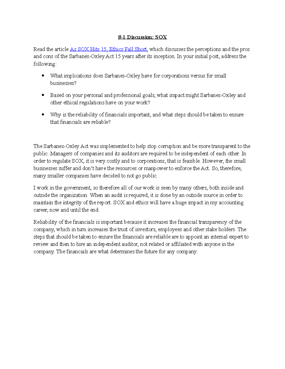 8-1 Discussion Acc 309 - 8-1 Discussion: SOX Read the article As SOX ...