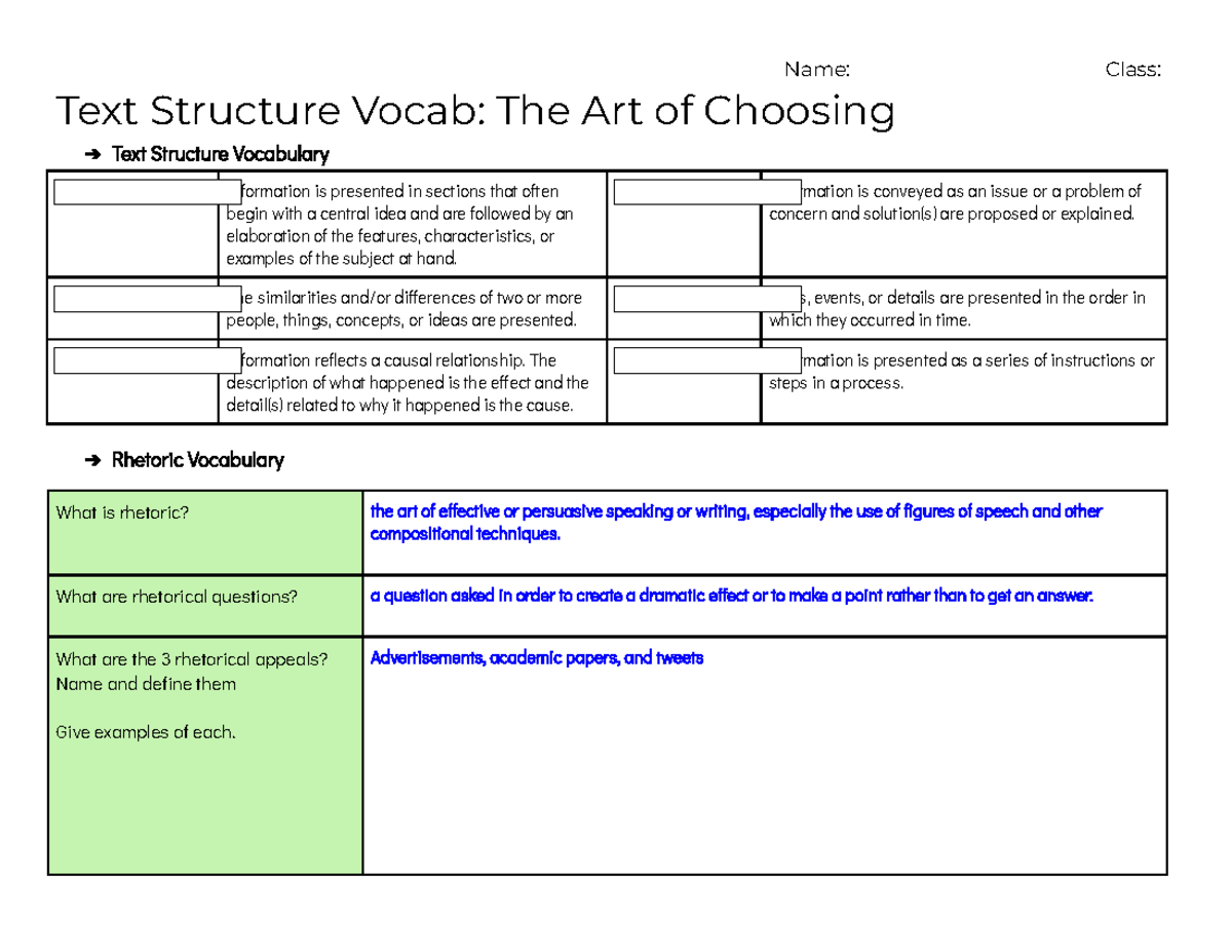 Copy of Text Structure Vocab Review The Art of Choosing - Name: Class ...