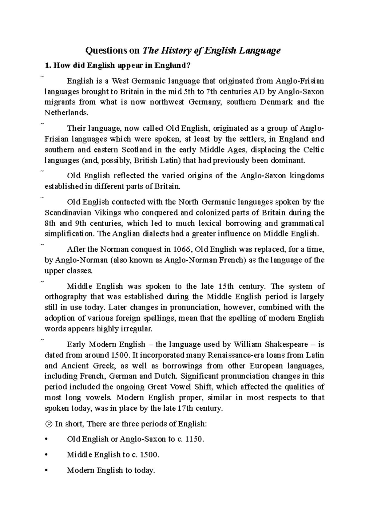 Suggested answers for The History of English Language - Questions on ...