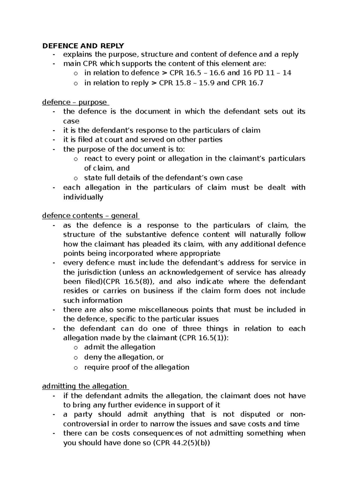 Civil Litigation Workshop 6 - DEFENCE AND REPLY explains the purpose ...