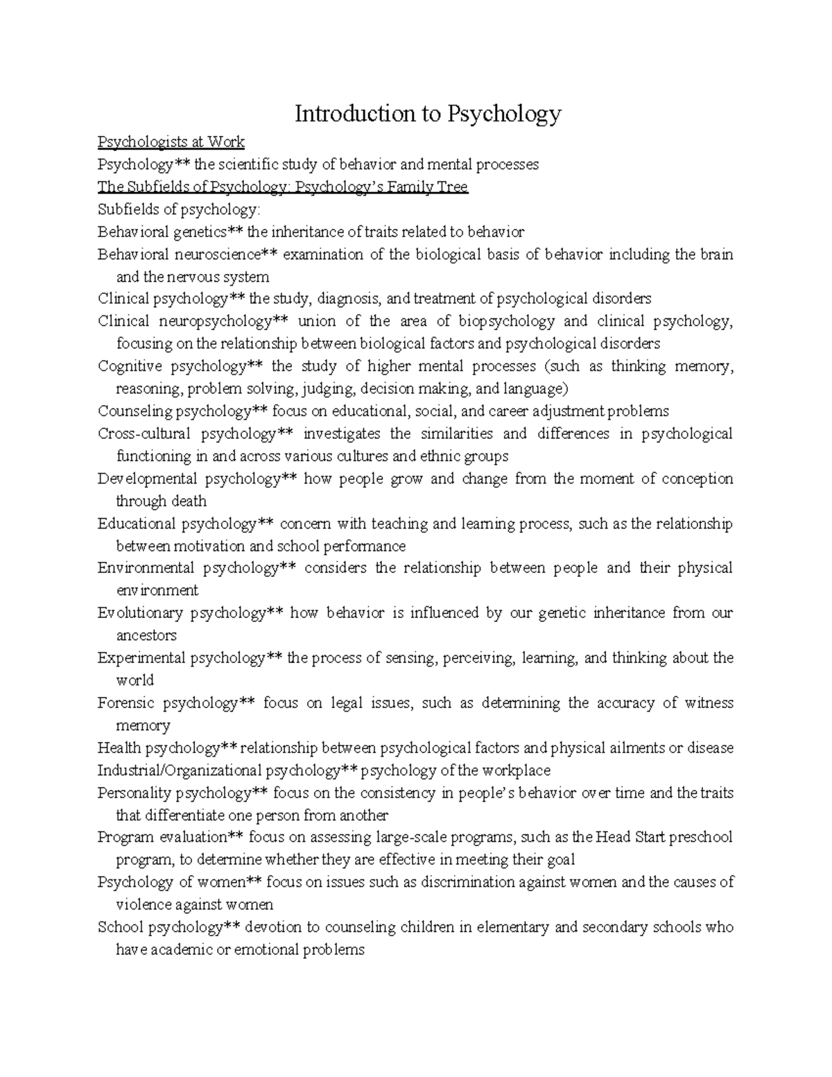 Chapter 1 Notes - Introduction to Psychology Psychologists at Work ...