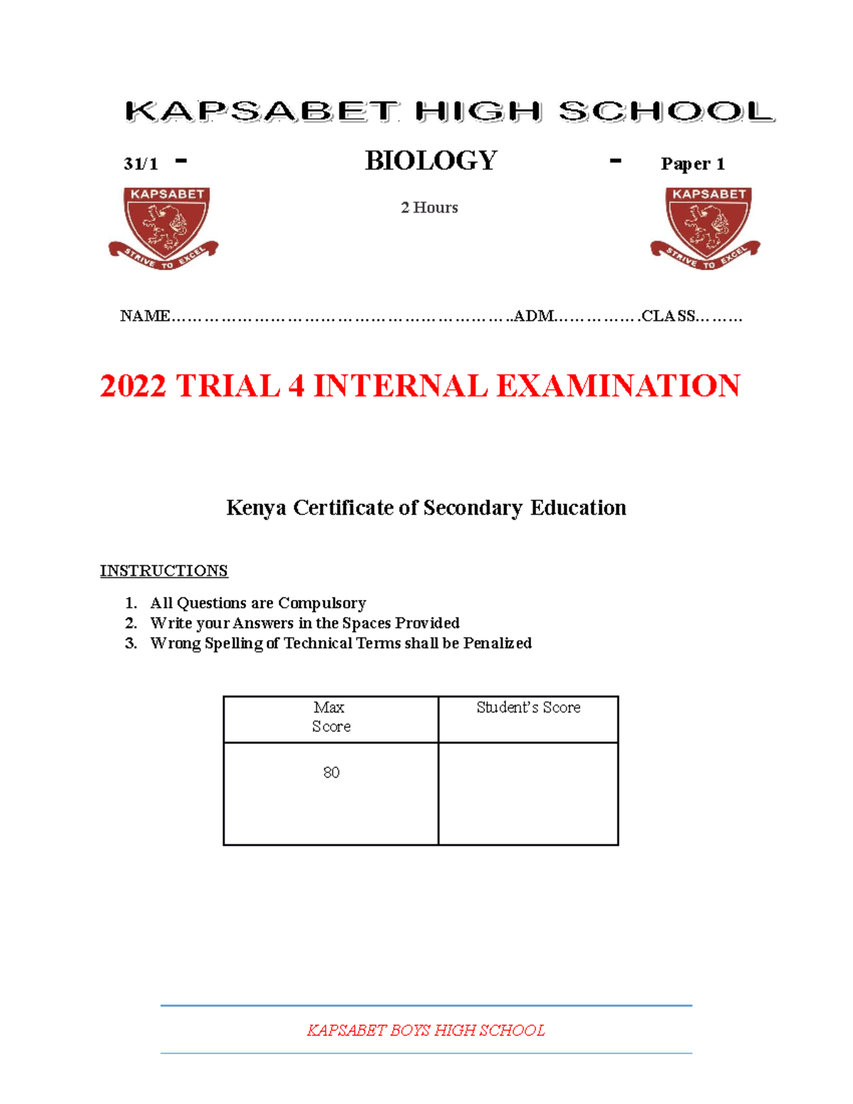 BIO F4 PP1 QS - 31/1 - BIOLOGY - Paper 1 2 Hours - Studocu