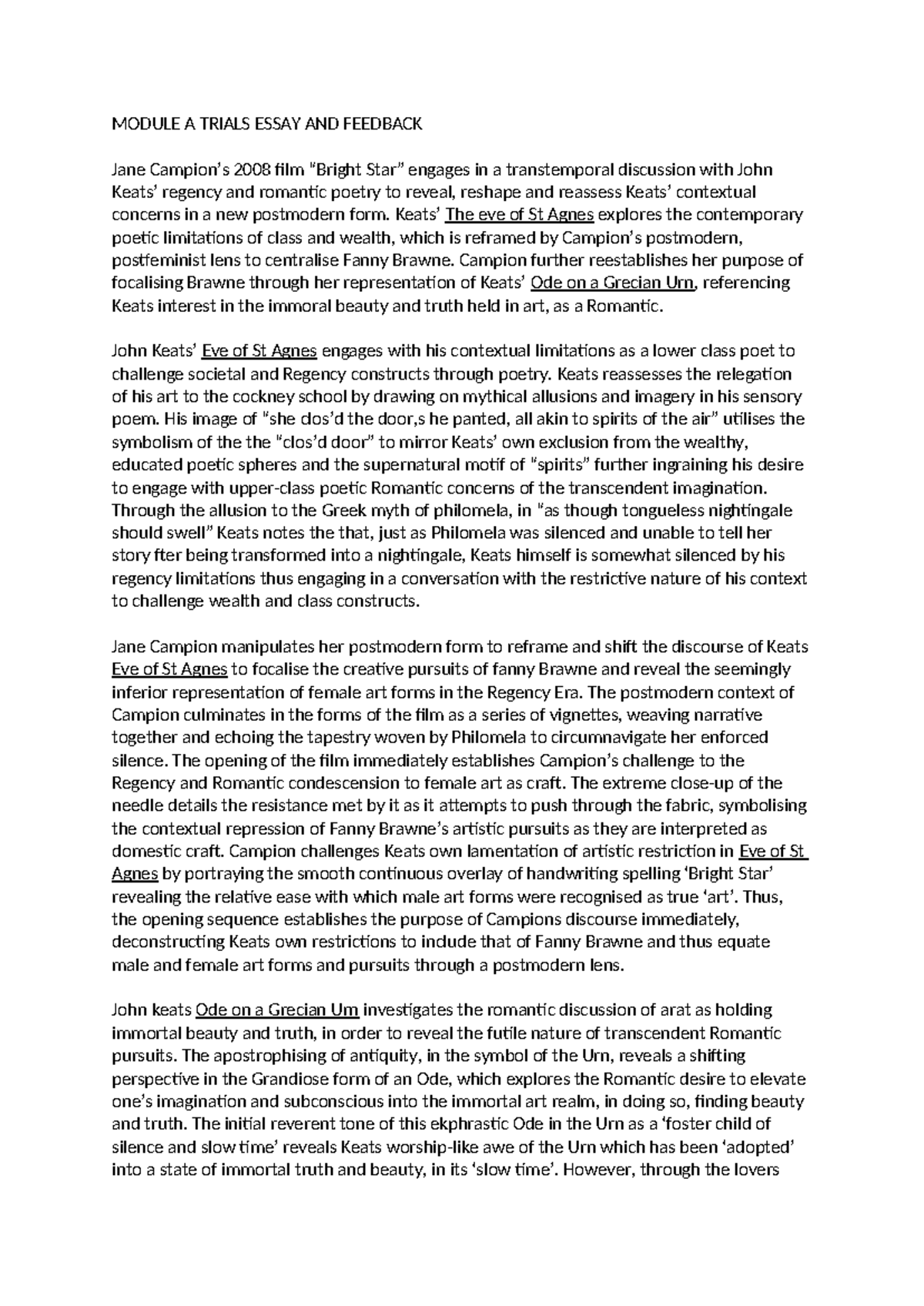 Keats and Campion Essay - MODULE A TRIALS ESSAY AND FEEDBACK Jane ...