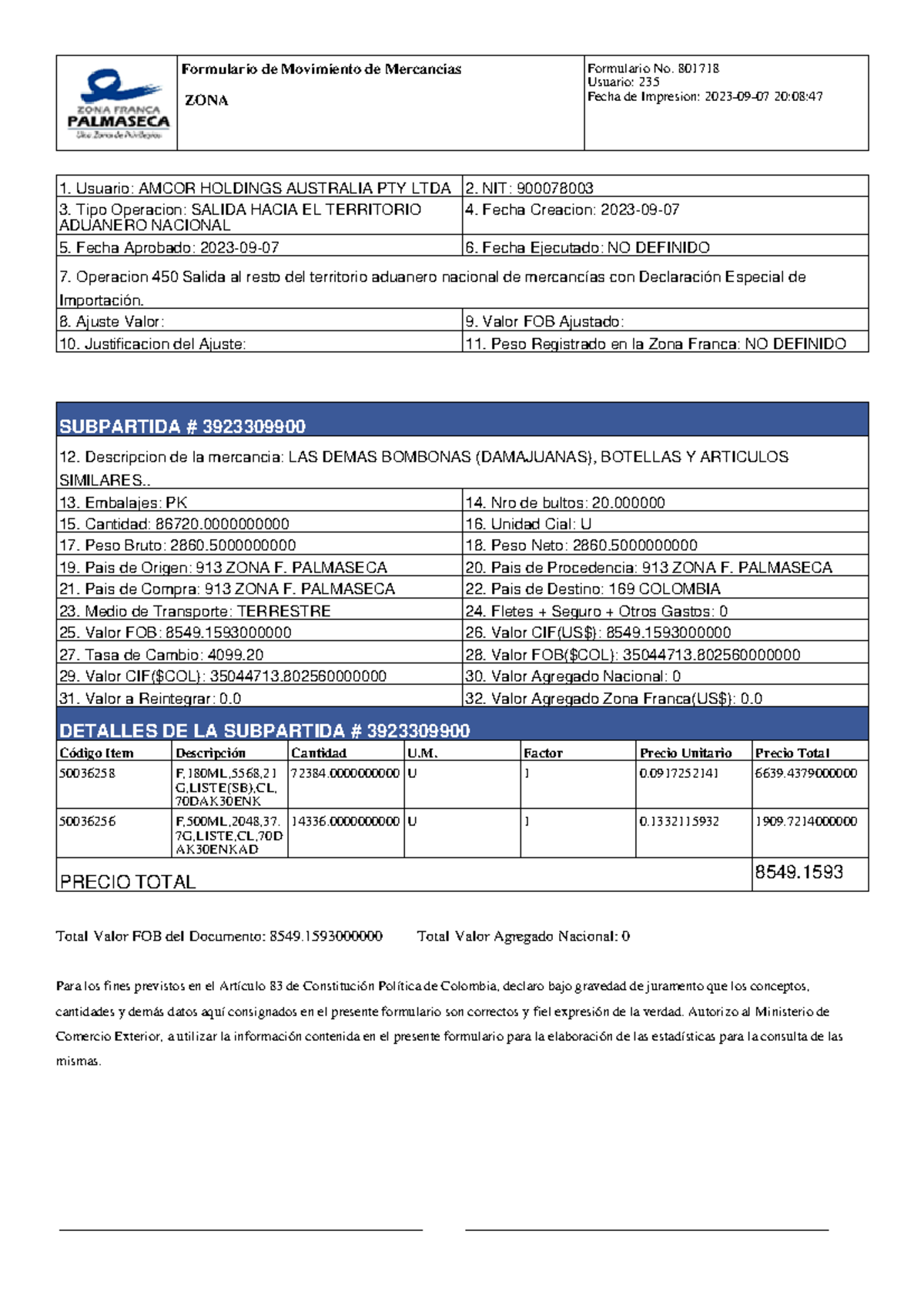 801718 - asfsf - Total Valor FOB del Documento: 8549 Total Valor ...