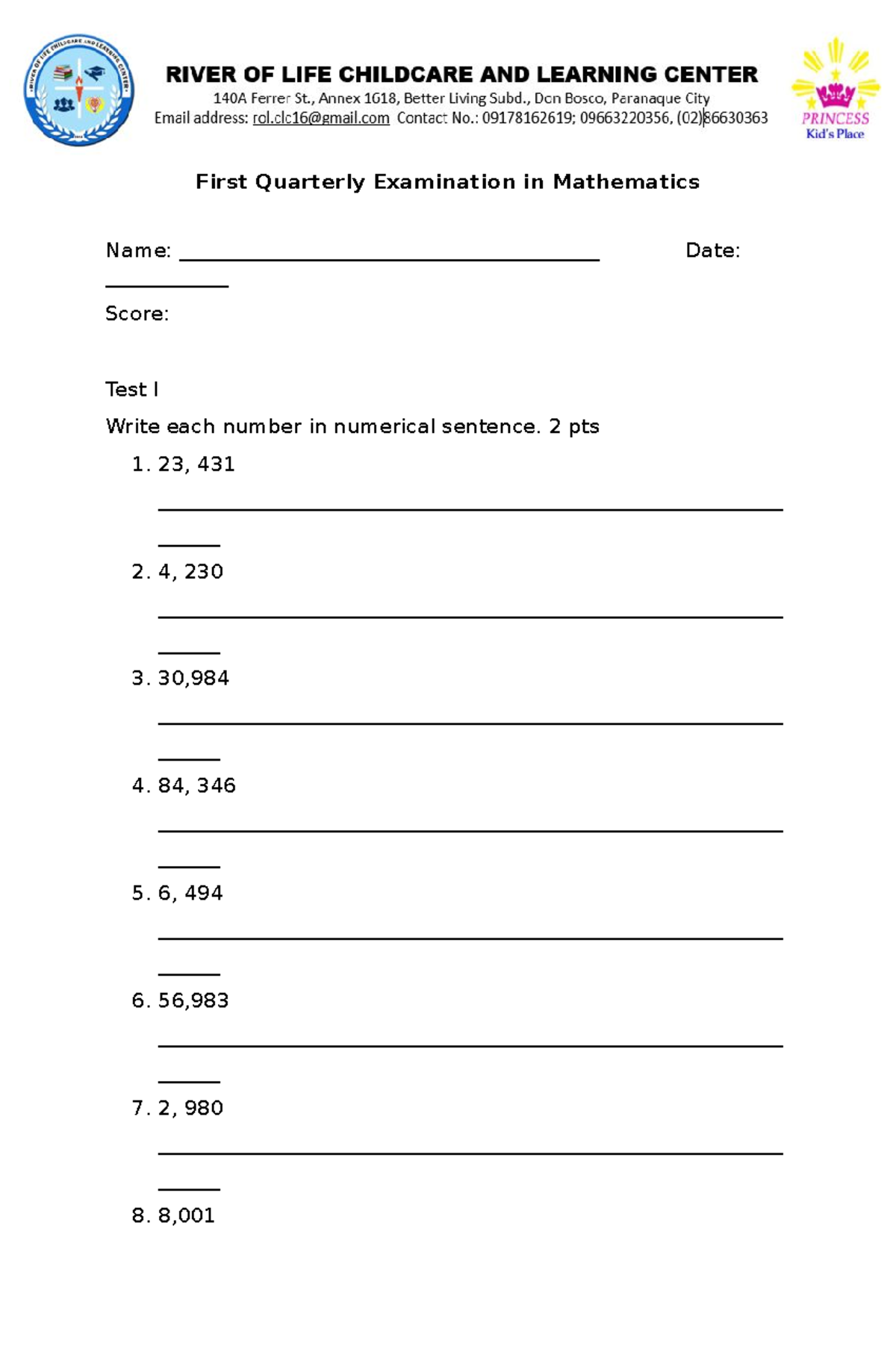 First Quarterly Examination in Mathematics - 2 pts 23, 431 4, 230 30 ...