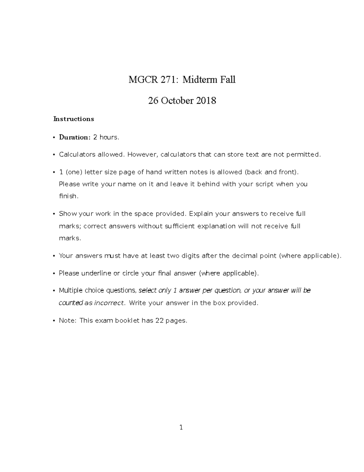 Practice Midterm F2018 Solutions Revised W2022 BES - MGCR 271: Midterm Fall 26 October 2018 ...
