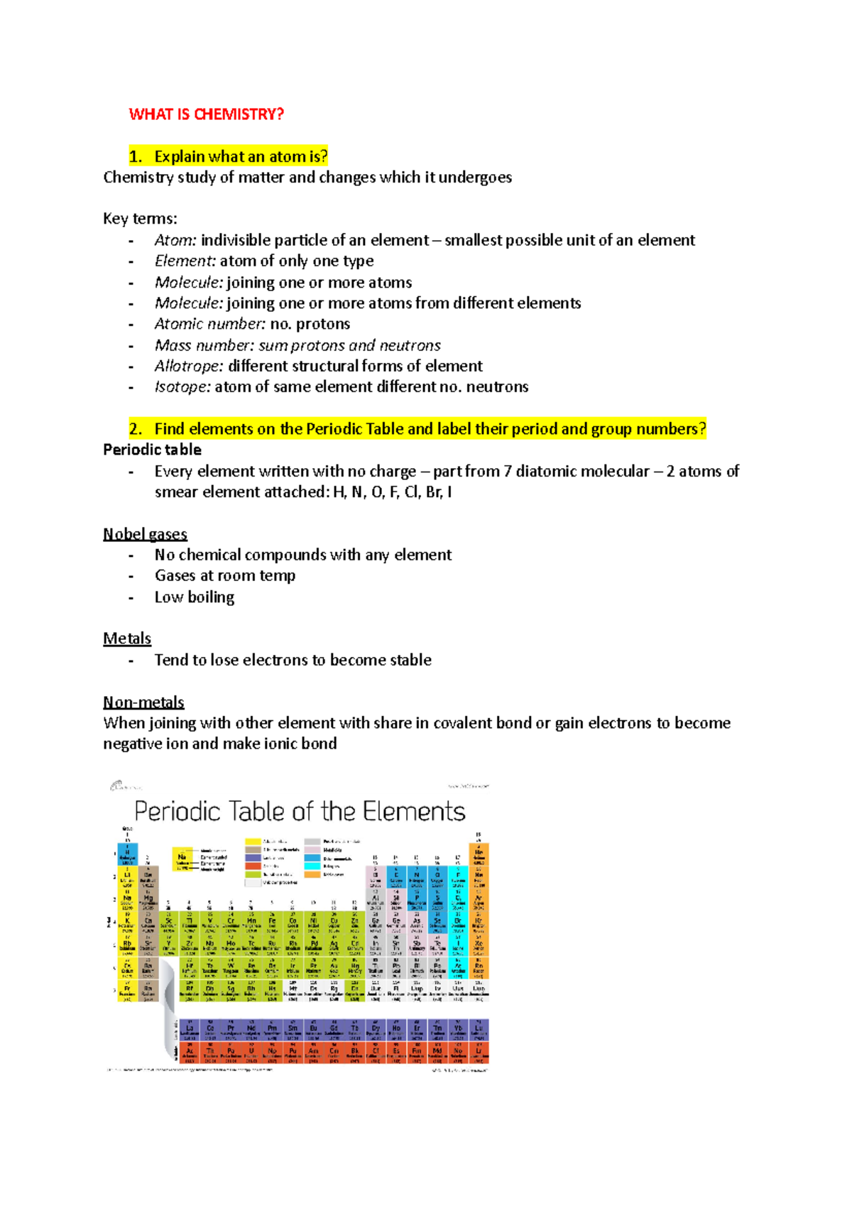 Chemistry summary notes - WHAT IS CHEMISTRY? Explain what an atom is ...