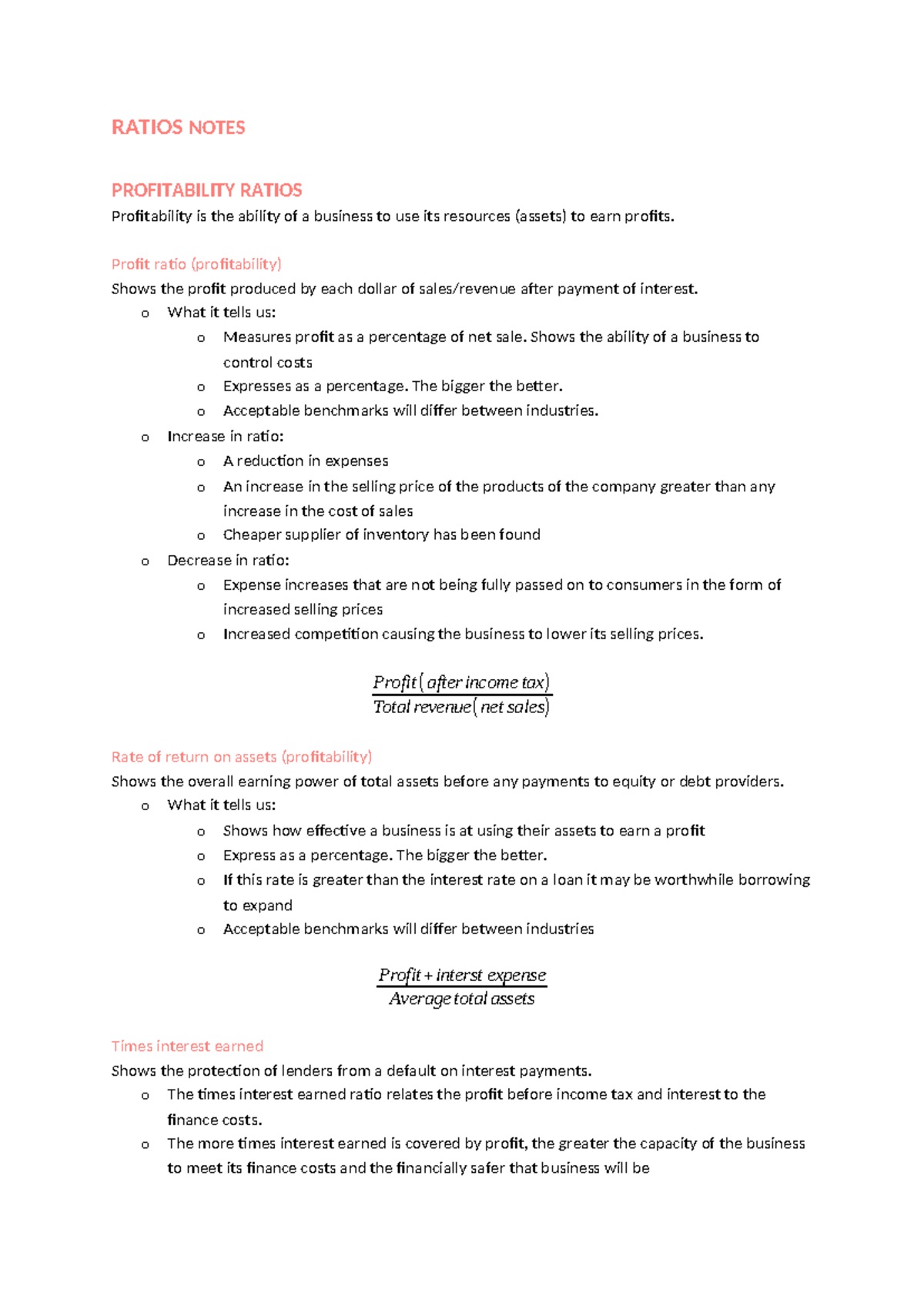 Notes on Ratio's - RATIOS NOTES PROFITABILITY RATIOS Profitability is ...