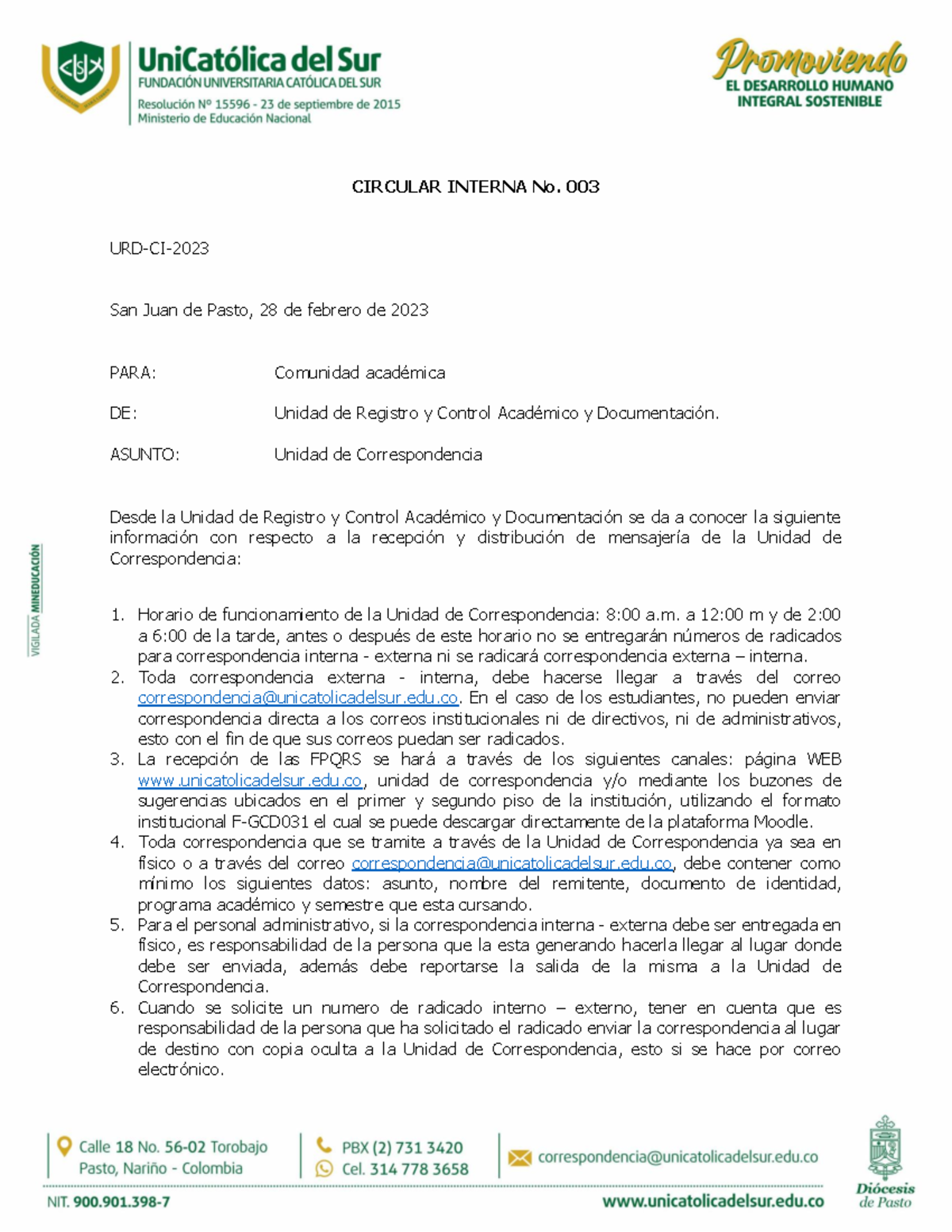 Circular 003 URD 1 - CIRCULAR INTERNA No. 003 URD-CI- San Juan de Pasto, 28 de febrero de 2023 ...
