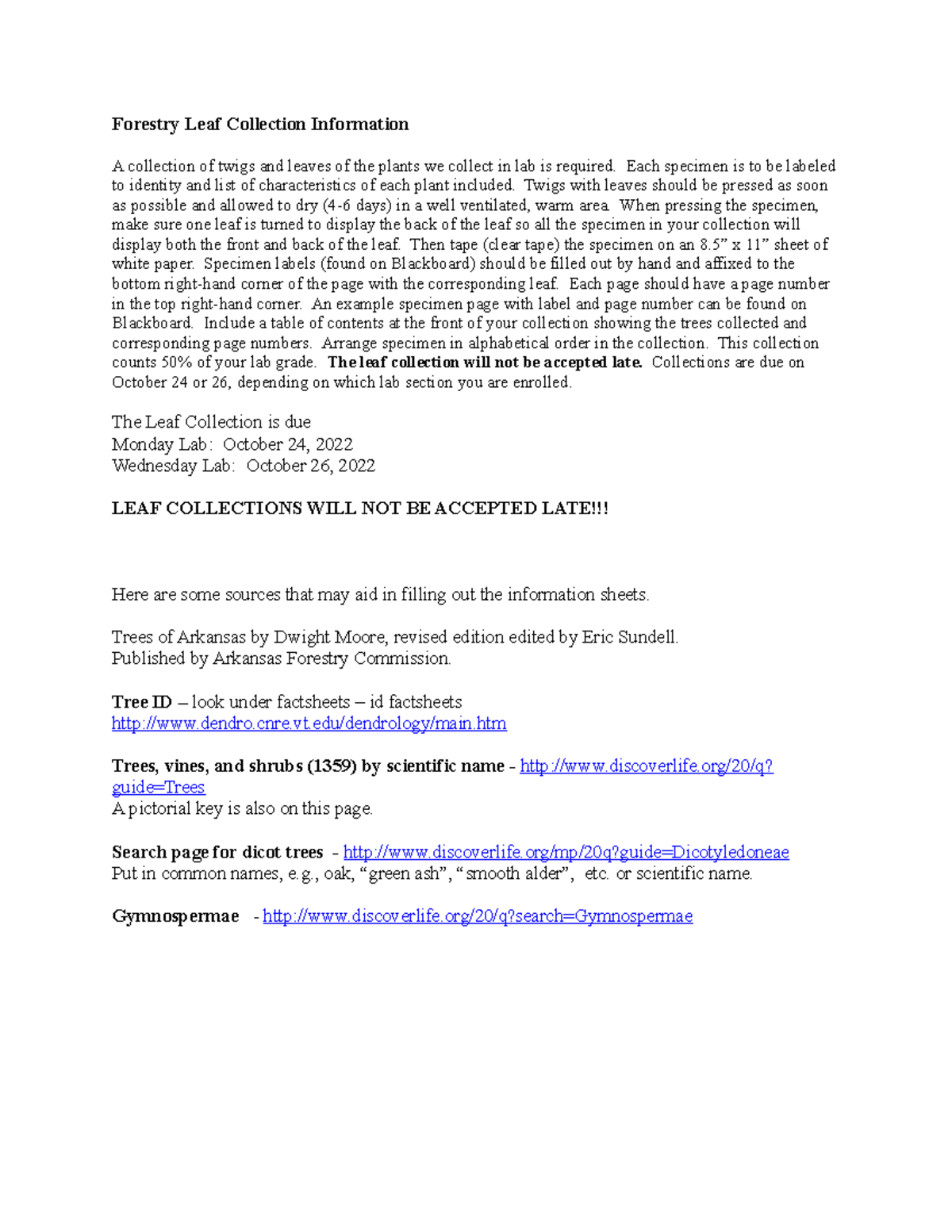 Leaf Collection Information - Each specimen is to be labeled to ...
