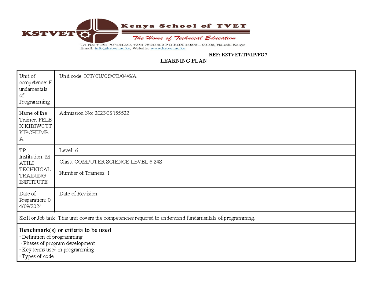 Learning PLAN FP - FUNDAMENTALS OF PROGRAMMING - REF: KSTVET/TP/LP/FO ...