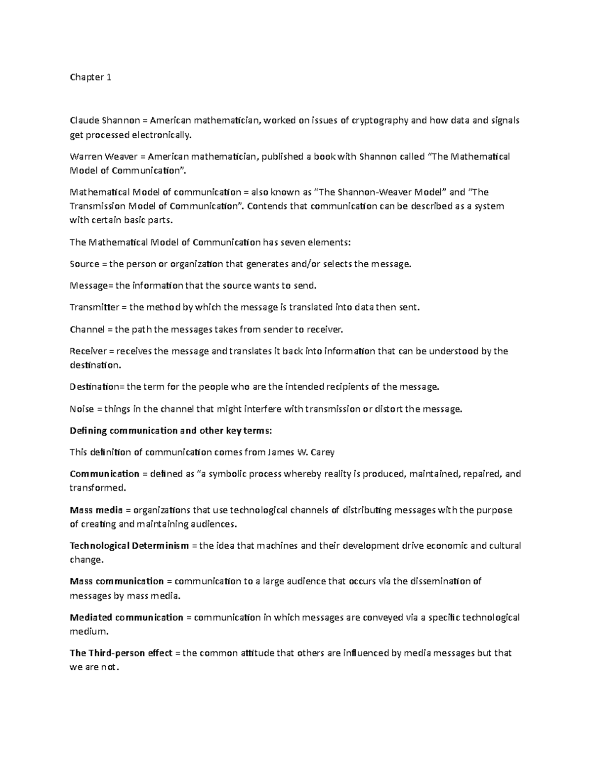 SCOM 2050 chapter 1 notes - Chapter 1 Claude Shannon = American ...