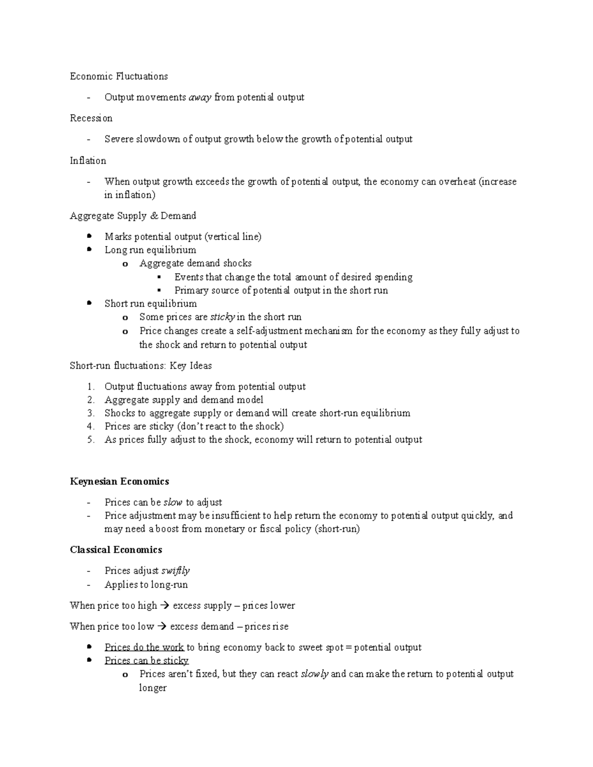 Quiz 5 & Notes - Economic Fluctuations Output movements away from ...