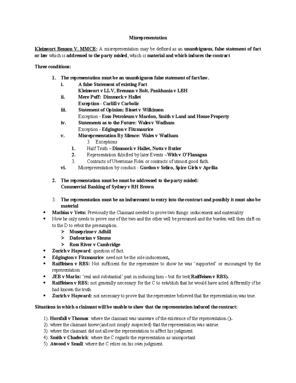 Misrep Caselist - Misrepresentation Kleinwort Benson V. MMCB: A ...