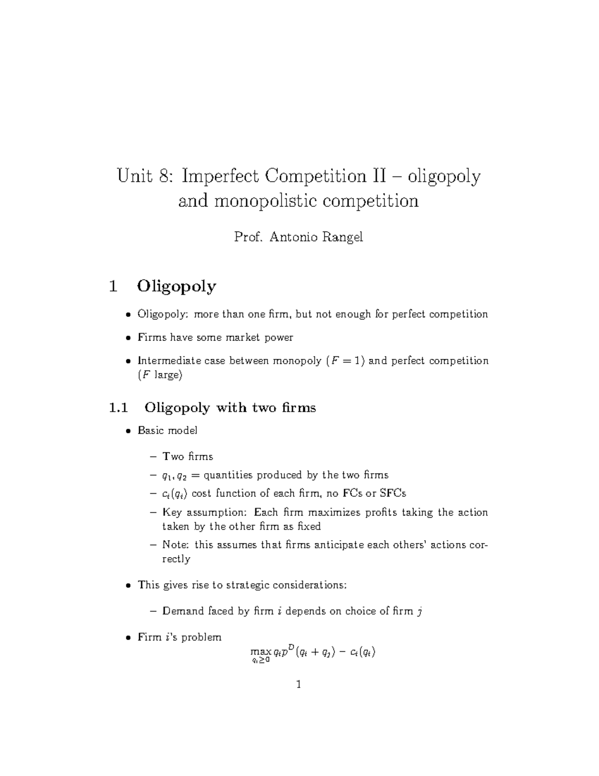 Oligopoly - Unit 8: Imperfect Competition II – oligopoly and ...