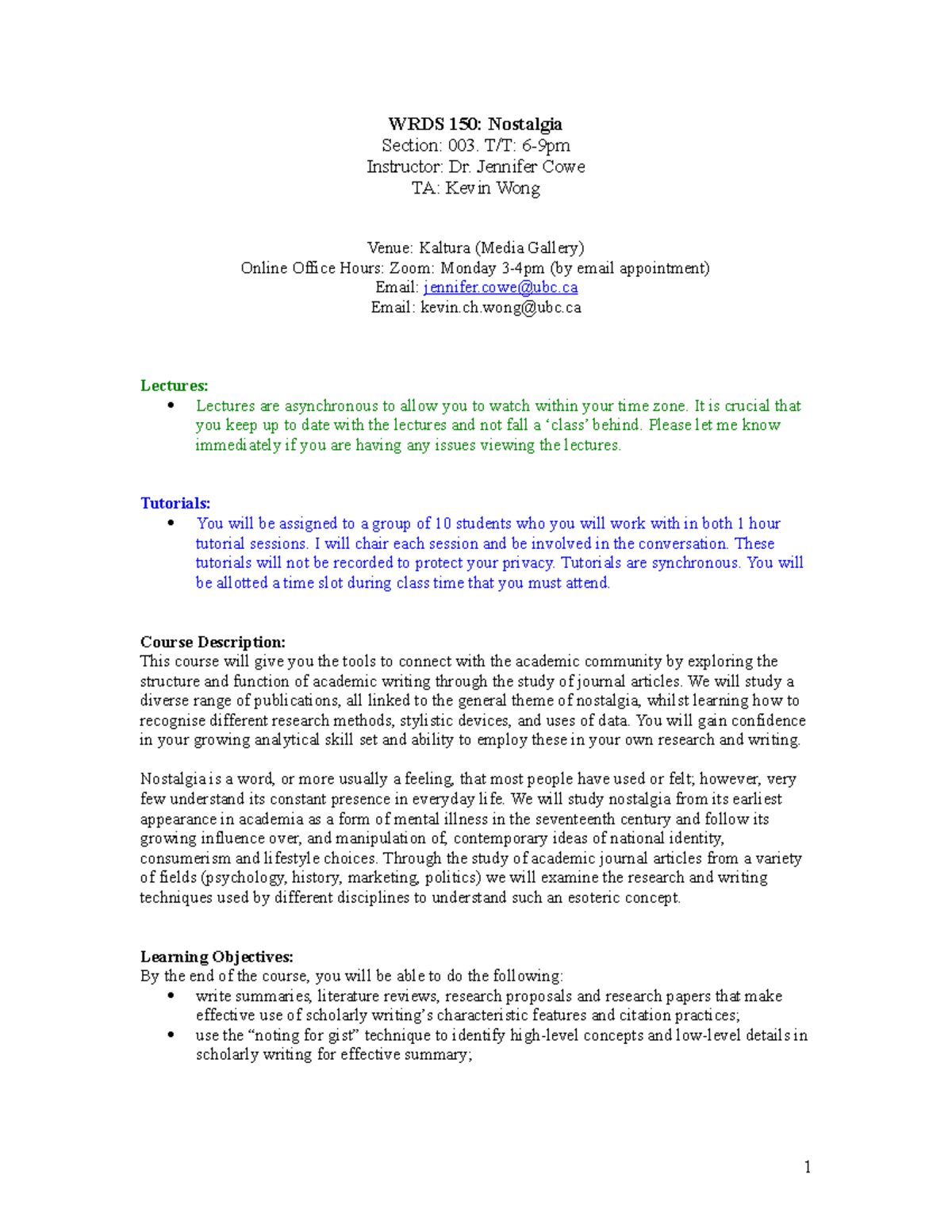 Syllabus wrds 150 - WRDS 150: Nostalgia Section: 003. T/T: 6-9pm ...