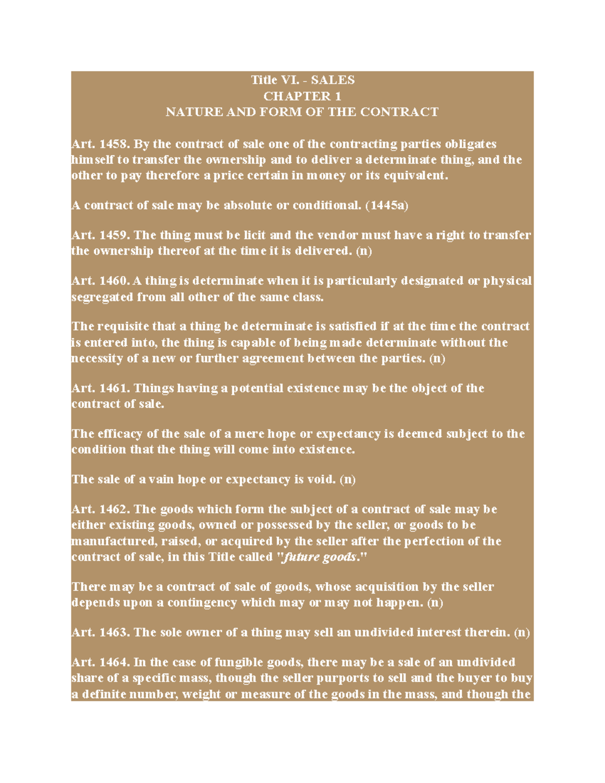 Law on Sales- Codal - Lecture notes 1-6 - Title VI. - SALES CHAPTER 1 ...