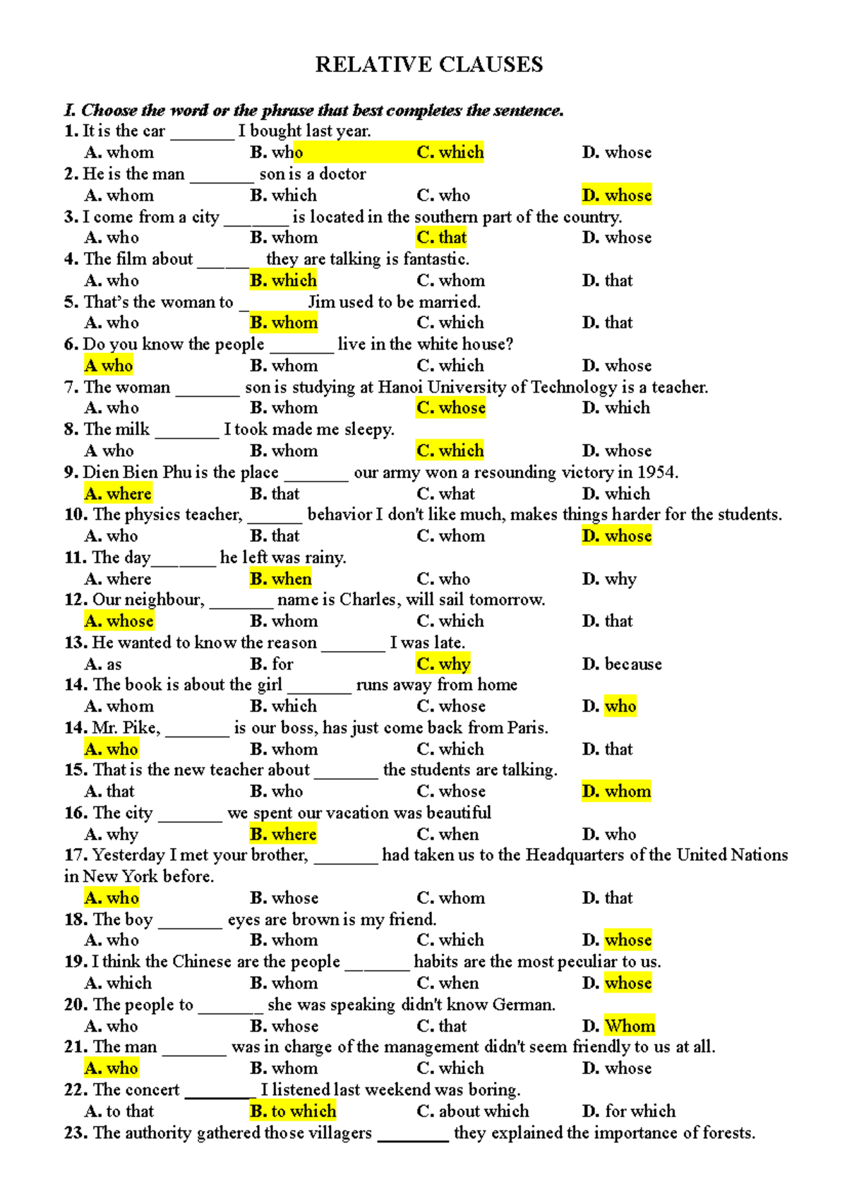 5b. Relative Clauses - important - RELATIVE CLAUSES I. Choose the word ...
