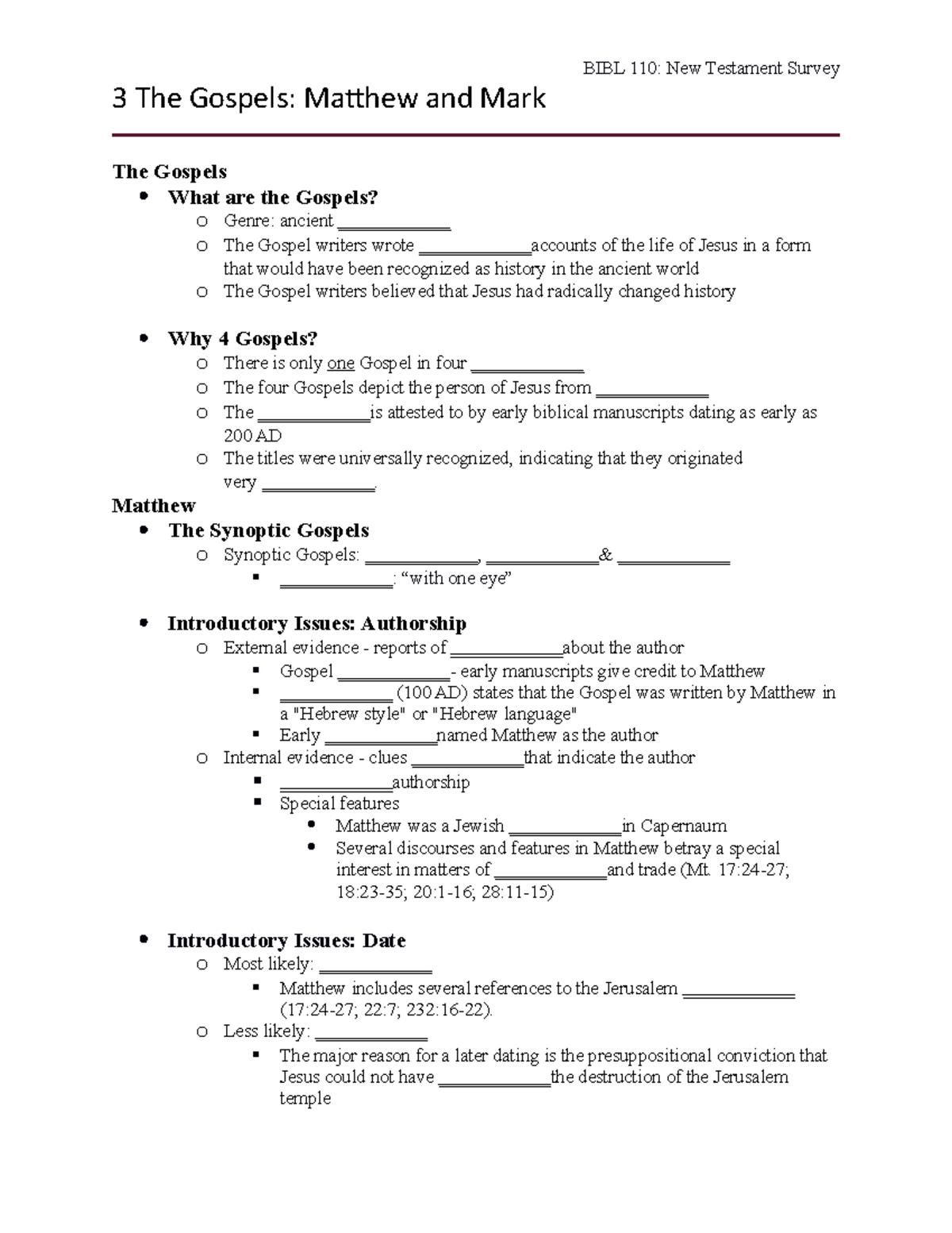 3 The Gospels- Matthew and Mark - BIBL 110: New Testament Survey 3 The ...