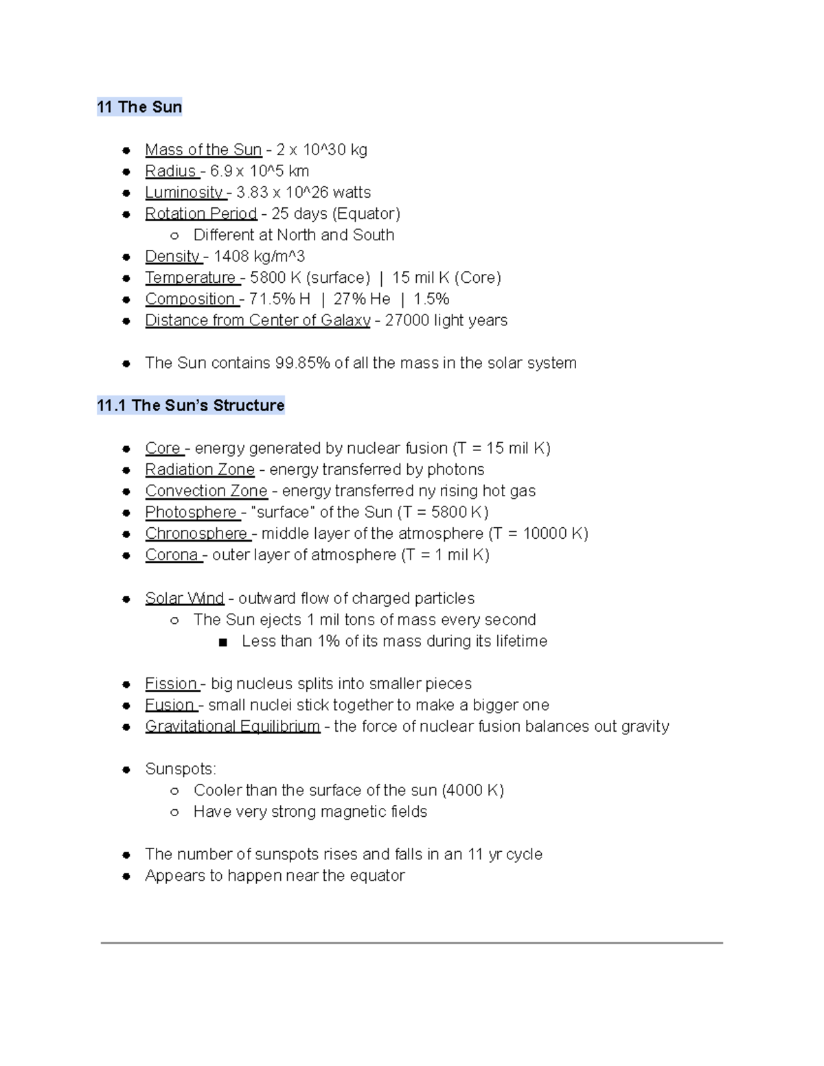 Typed Chapter 11 + 12 Notes - 11 The Sun Mass of the Sun - 2 x 10^30 kg ...