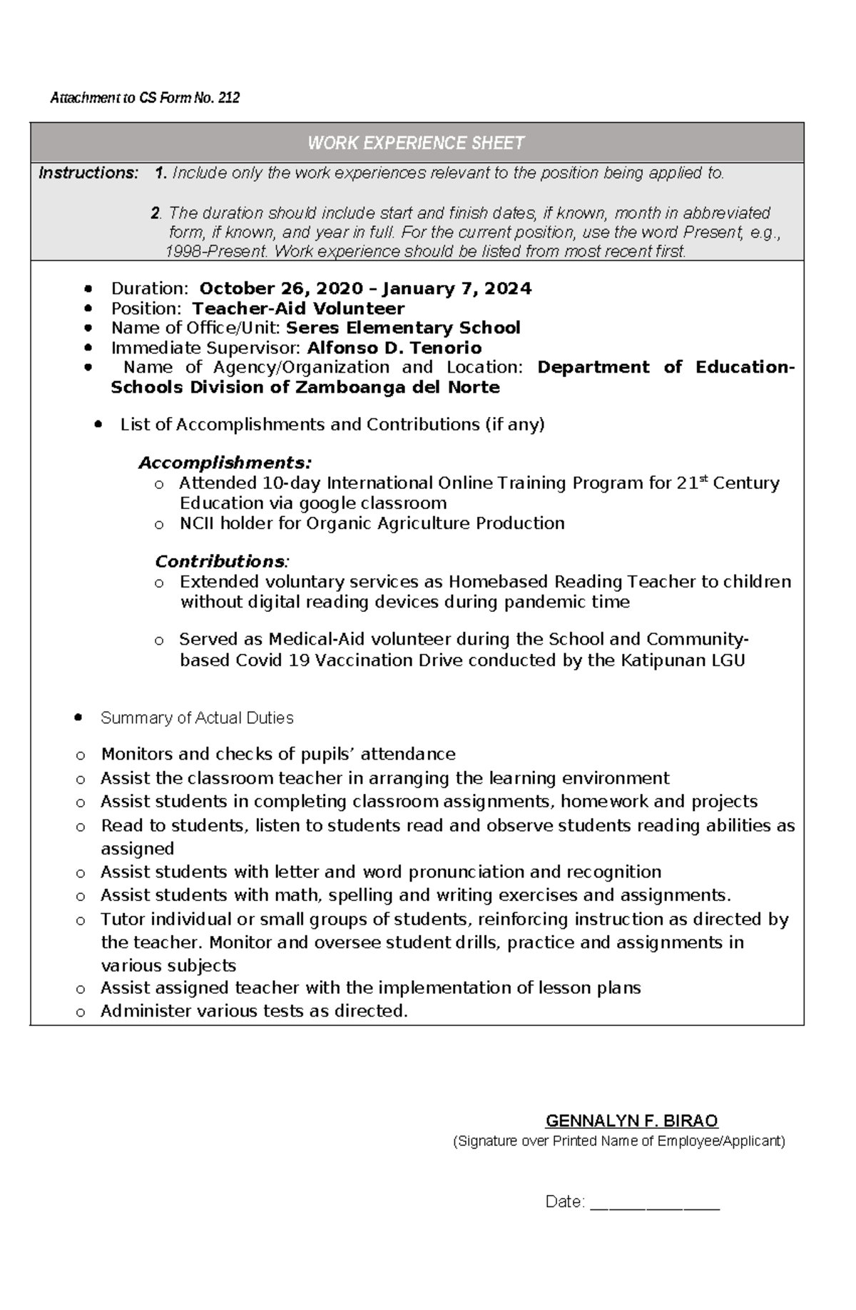 Work Experience Sheet for F212s 2017_ 2024 - Attachment to CS Form No ...