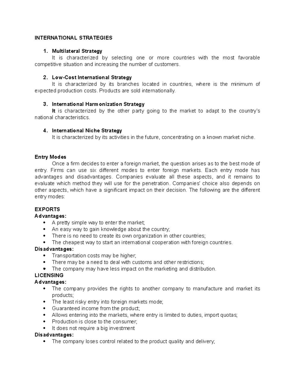 International Strategies & Entry Modes - INTERNATIONAL STRATEGIES 1 ...