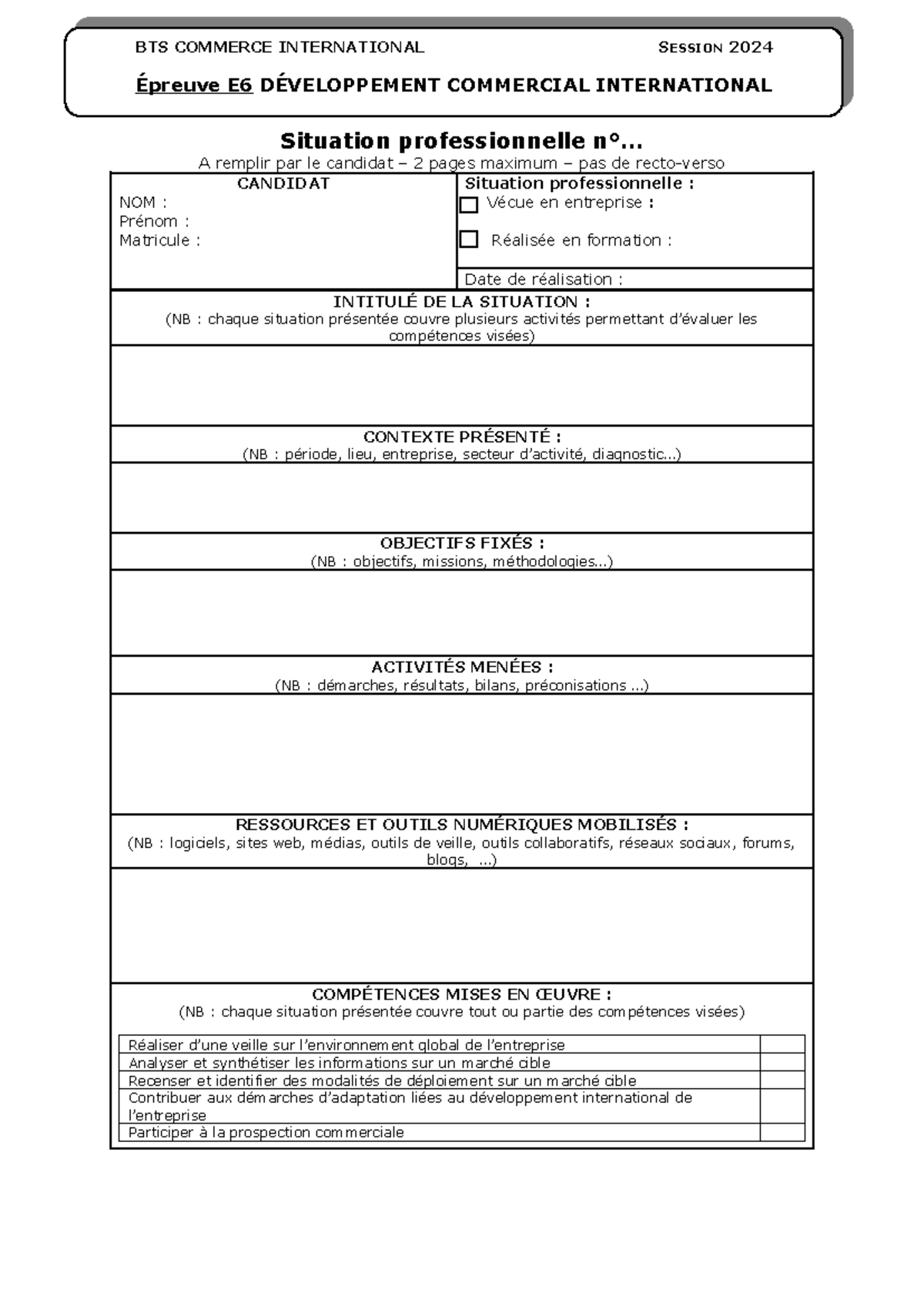 Modèle fiche DCI 2024 - Situation professionnelle n°... A remplir par le candidat – 2 pages ...