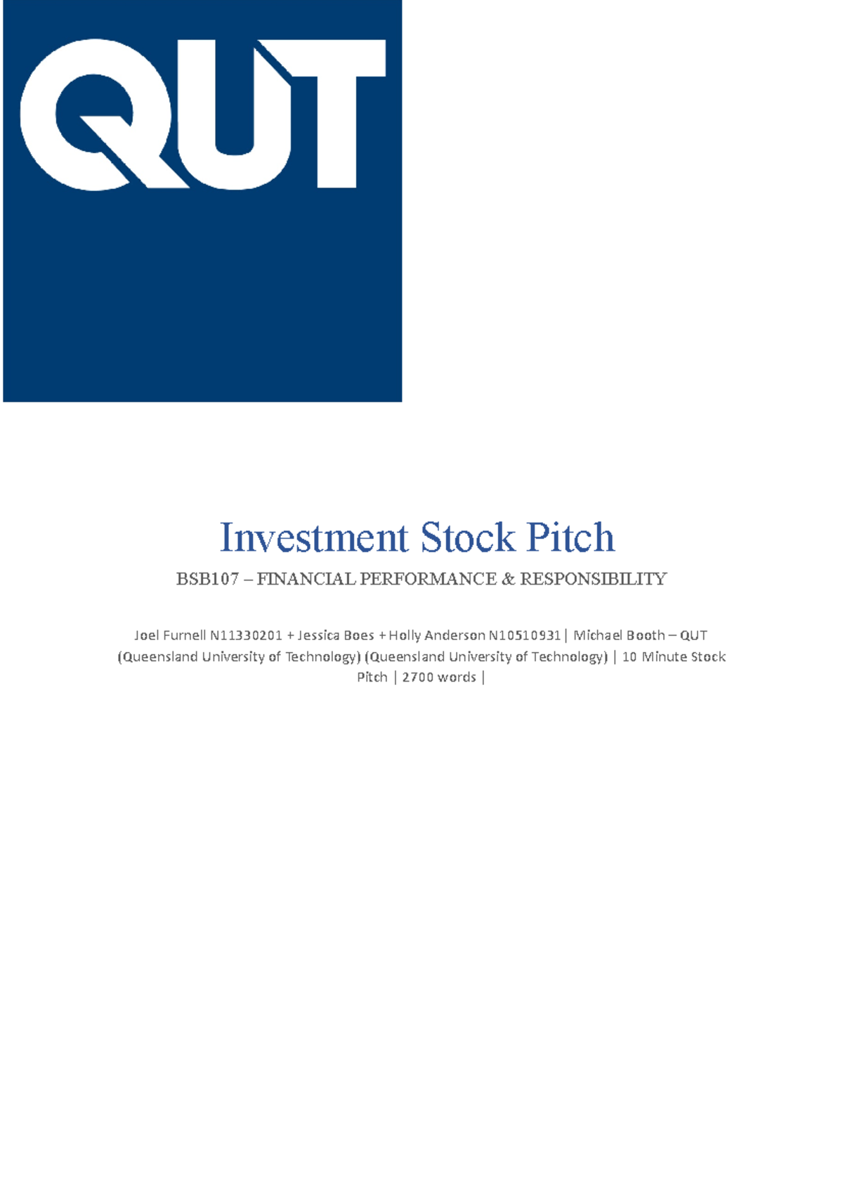 BSB107 - Stock Pitch - Investment Stock Pitch BSB107 – FINANCIAL ...