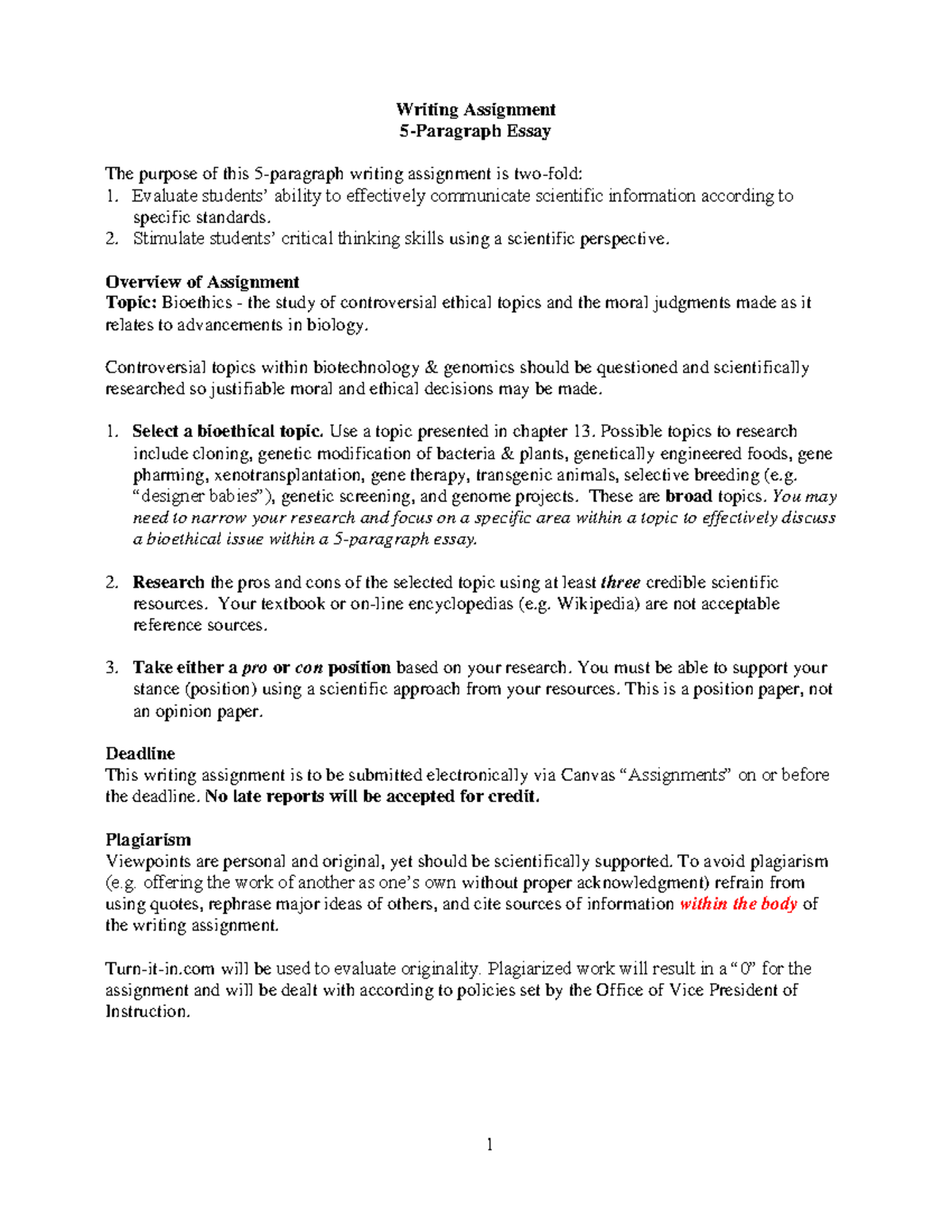 Position Paper - 1 Writing Assignment 5-Paragraph Essay The purpose of ...