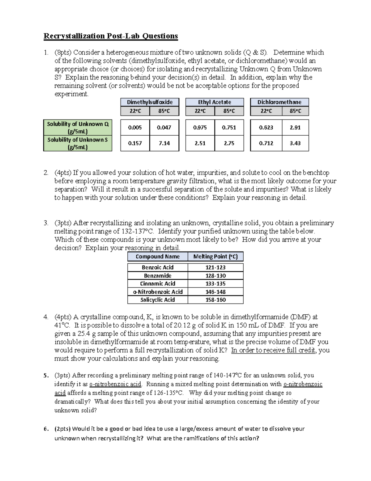 CHEM 2211L - Recrystallization Post Lab Questions - Recrystallization Post-Lab Questions 1. (8 ...