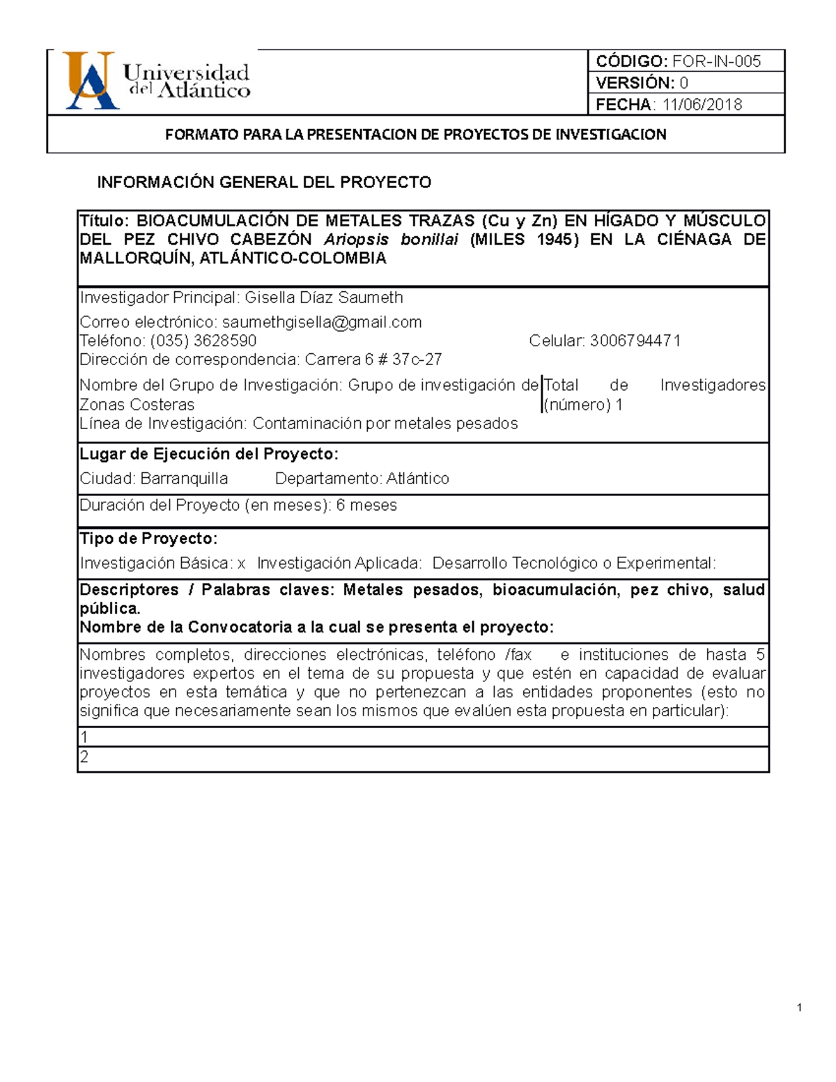 Propuesta Final-3-6-18 - VERSIÓN: 0 FECHA: 11/06/ FORMATO PARA LA ...