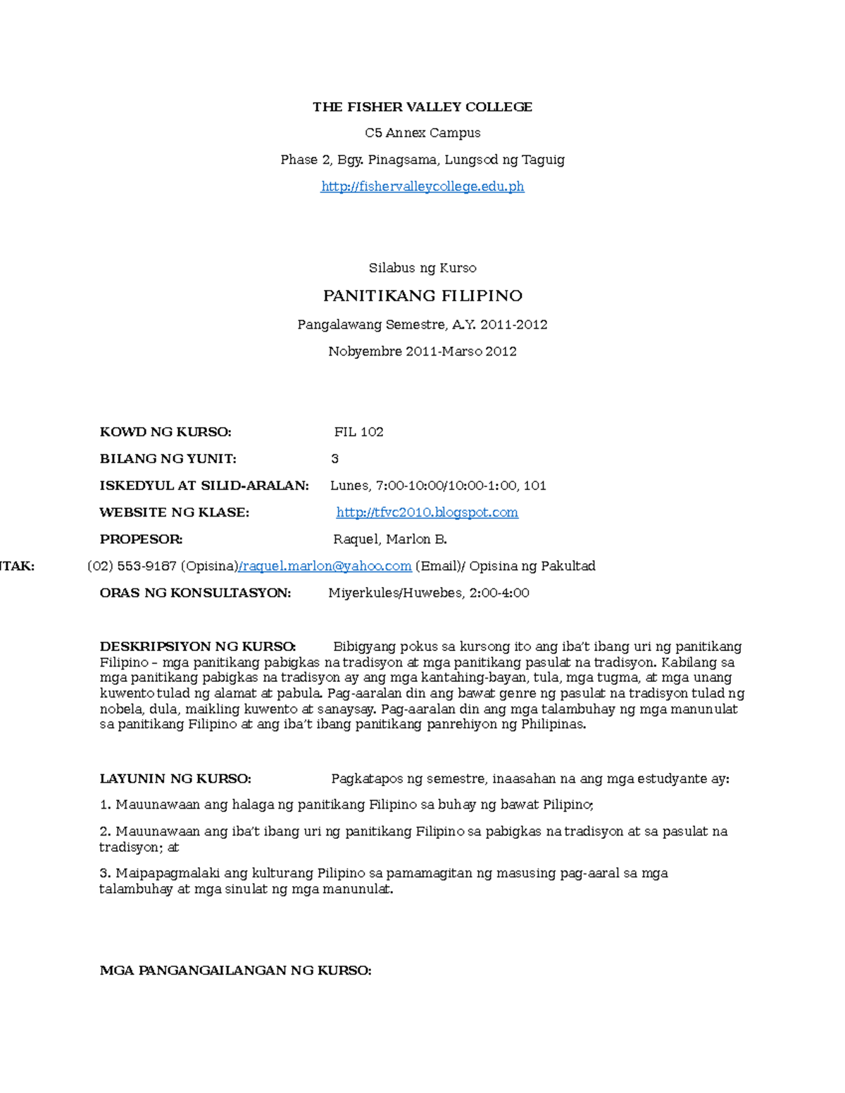 Panitikang filipino - THE FISHER VALLEY COLLEGE C5 Annex Campus Phase 2 ...