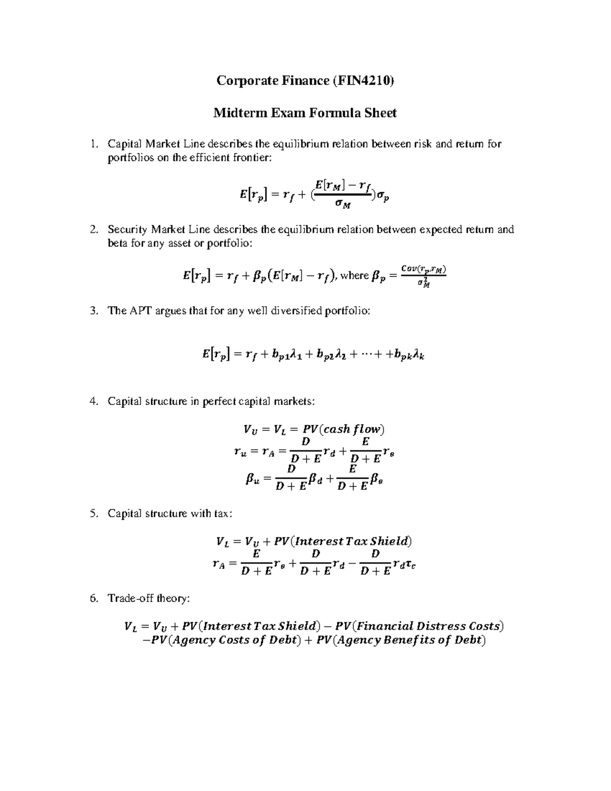 Midterm Formulas - Summary Corporate Finance - Corporate Finance (FIN4210) Midterm Exam Formula ...