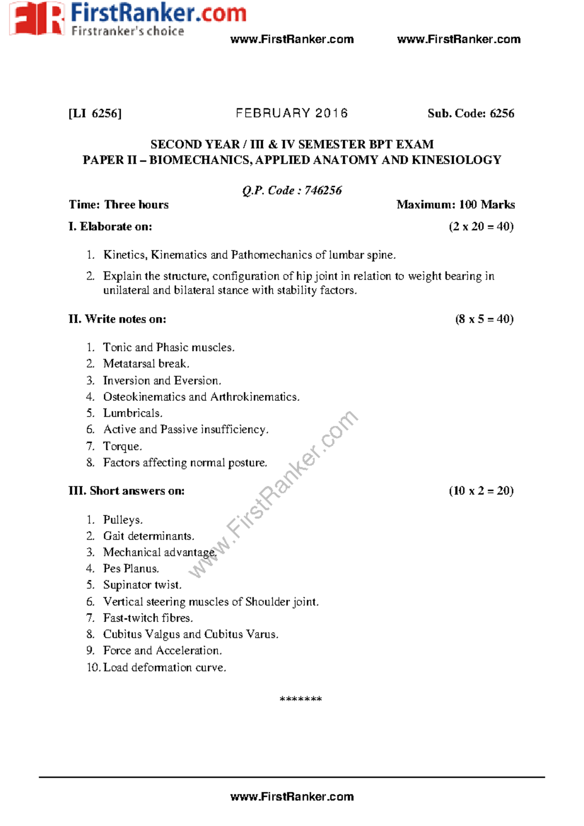 BPT 2016 2 Bachelor of Physio Therapy Biomechanics Applied Anatomy And ...