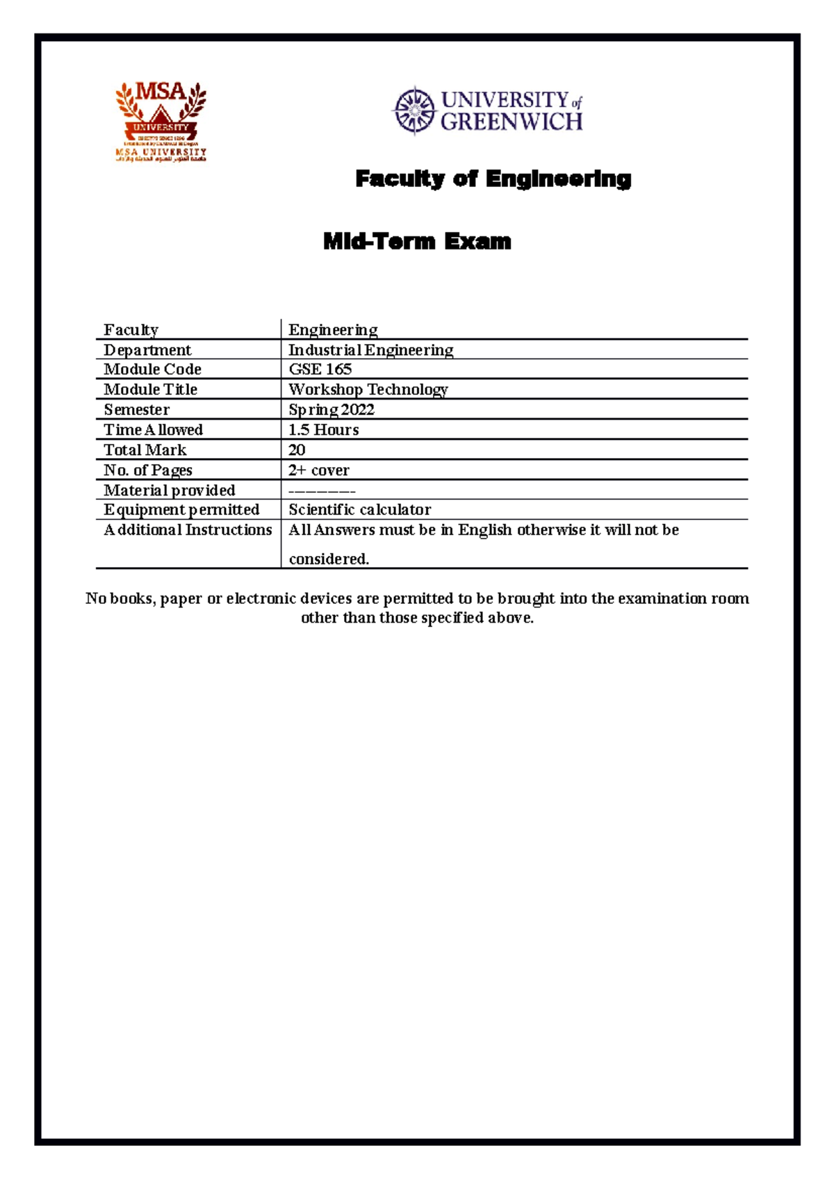 MSA-Workshop Technology Mid Term Exam-spring 2022 - Faculty of Engineering Mid-Term Exam Faculty ...