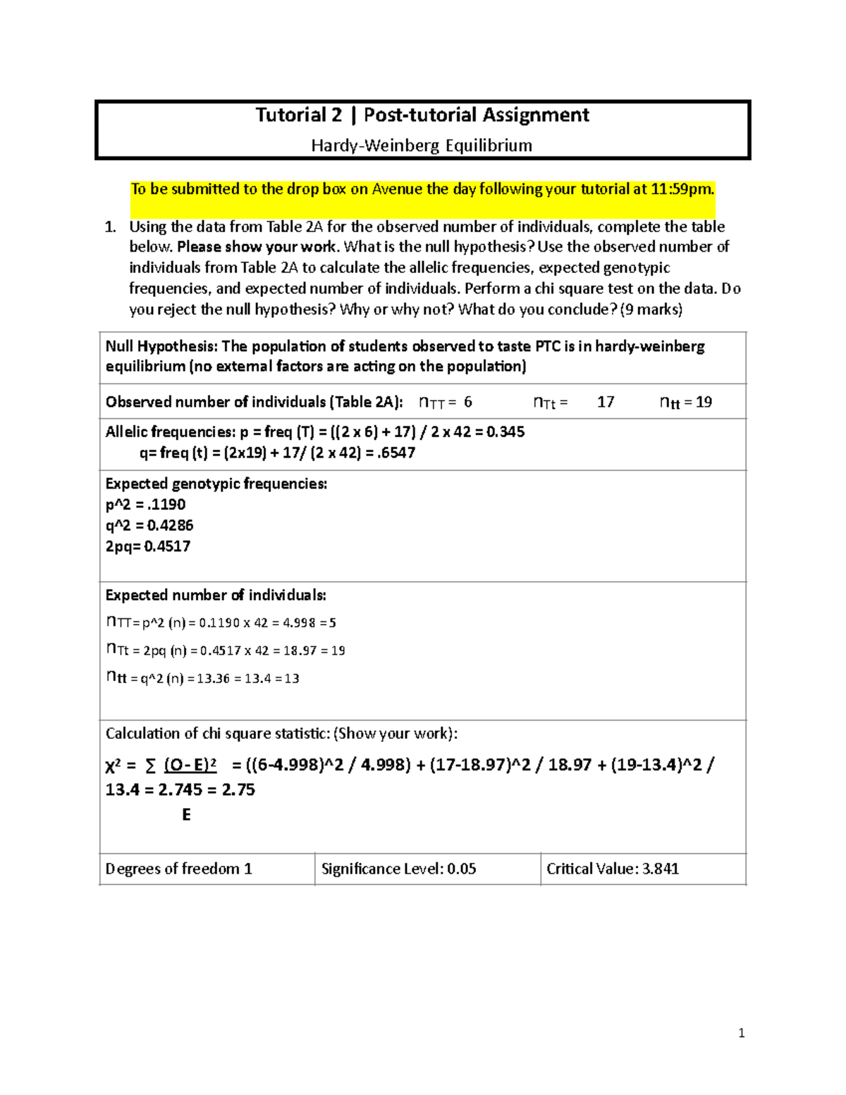 Untitled - post lab - Tutorial 2 | Post-tutorial Assignment Hardy-Weinberg Equilibrium To be ...