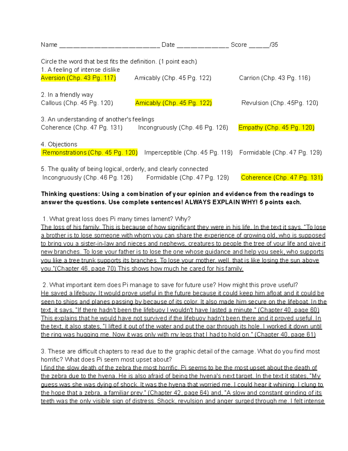 Copy of Ch 41-47 Life of Pi Questions - Litzy T - Name ...