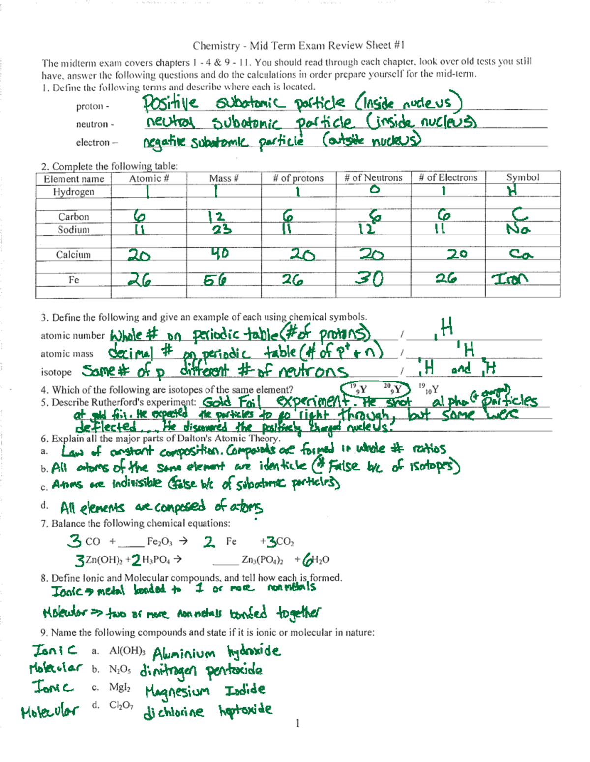 Chem Exam Review Sheets Answers - Chemistry - Mid Term Exam Review ...