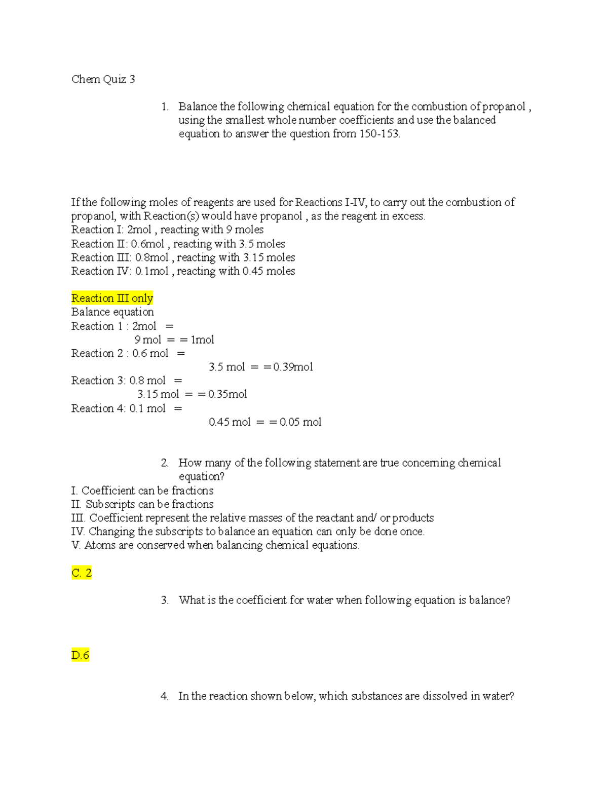 Chem Quiz 3 practice material - CHE 201 - BMCC - Studocu