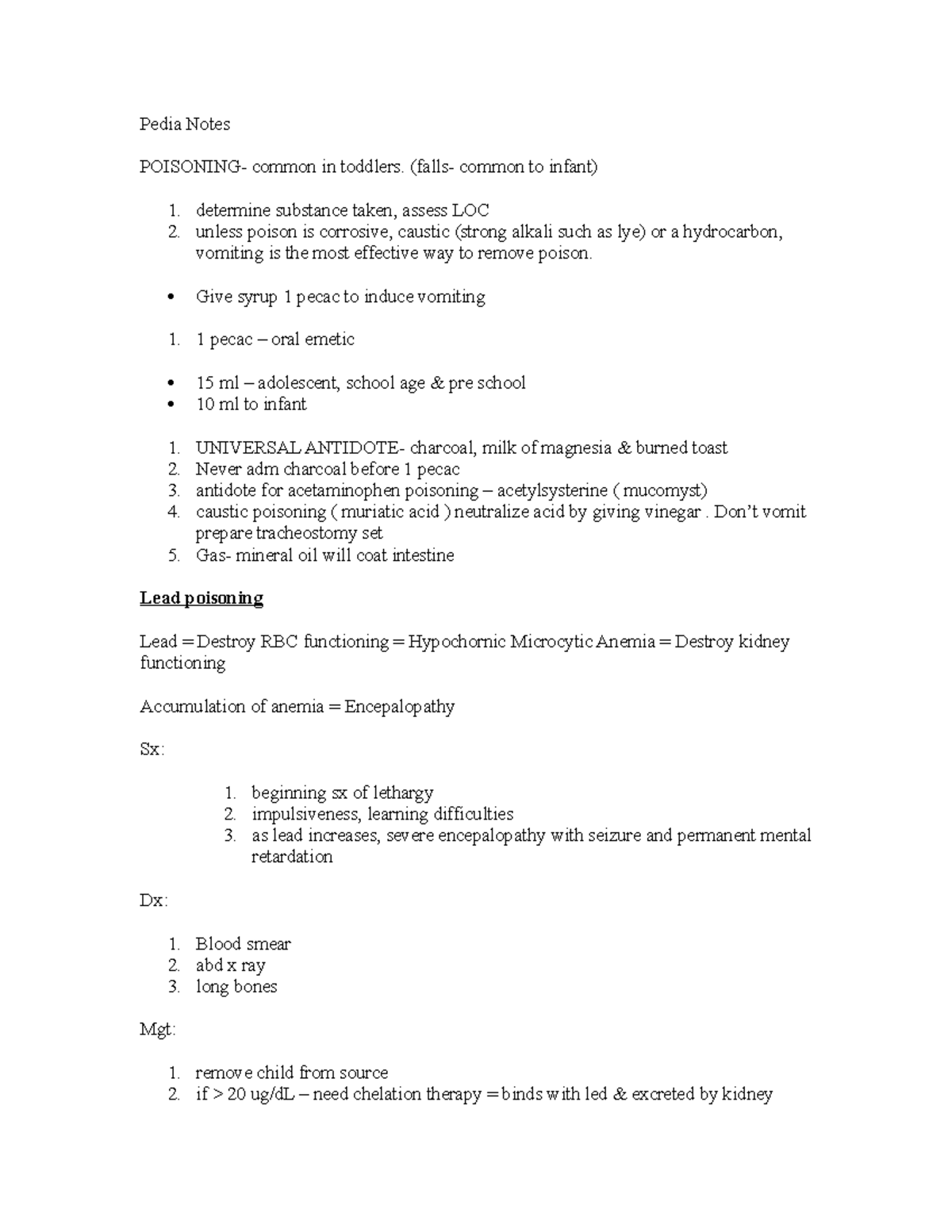 Pedia-Notes - n/a - Pedia Notes POISONING- common in toddlers. (falls ...