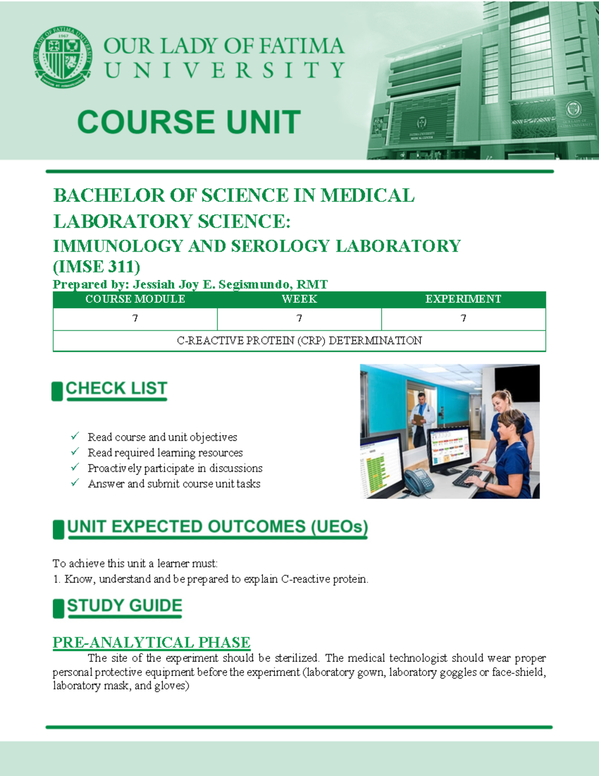 IMSE Experiment 7 - Lllllll - BACHELOR OF SCIENCE IN MEDICAL LABORATORY ...