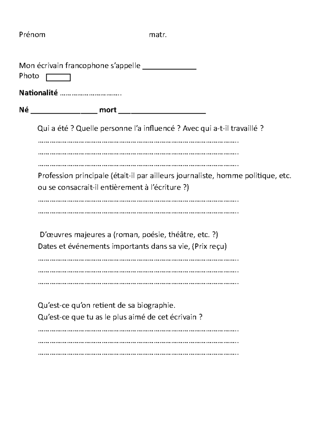 Fiche biographique dun personnage francophone Lit - CURSO DE REDACCION ...