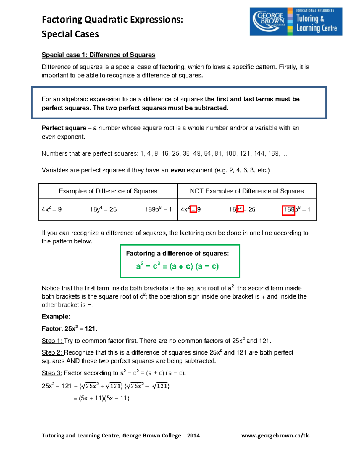 Factoring Quadratic Expressions Special Cases - Special Cases Special ...