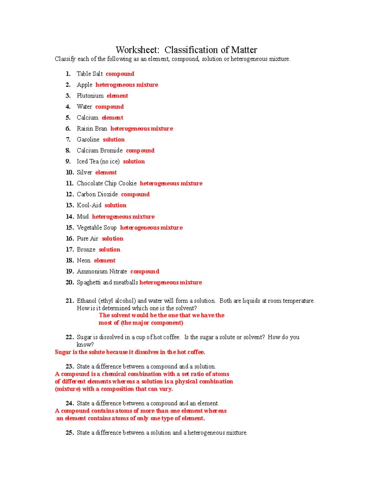 Worksheet - Classification of Matter - Key - Worksheet: Classification ...