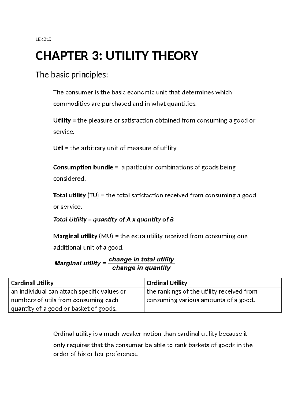 Lek210 Chapter 3 - LEK CHAPTER 3: UTILITY THEORY The basic principles ...