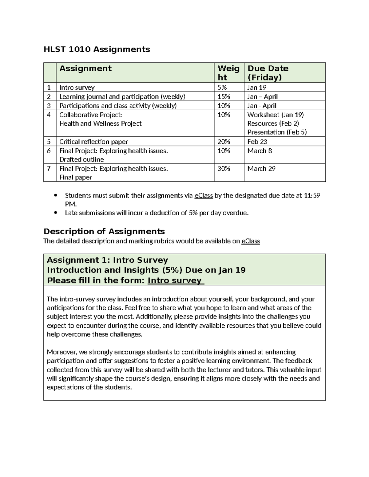 HLST 1010 Assignments overview - HLST 1010 Assignments Assignment Weig ht Due Date (Friday) 1 ...