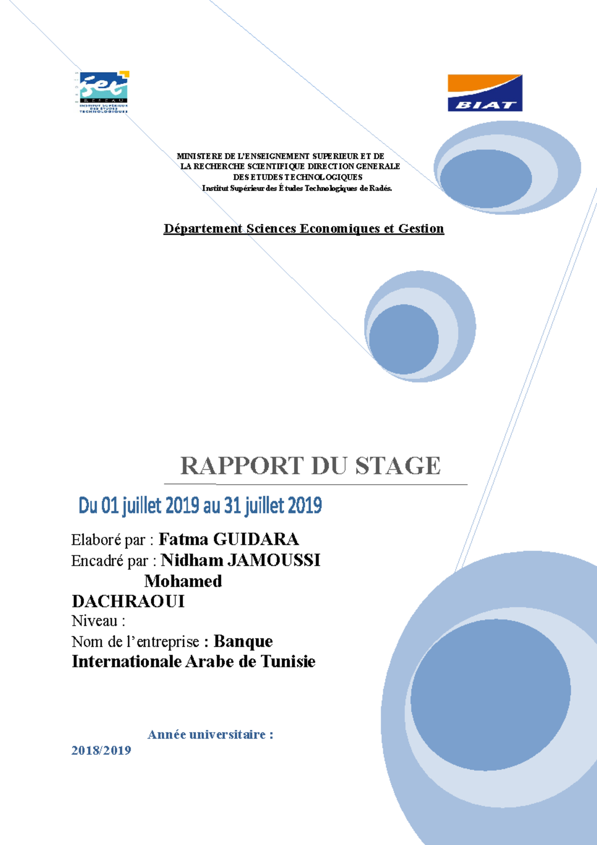RAPP D Stage BIAT - MINISTERE DE L’ENSEIGNEMENT SUPERIEUR ET DE LA ...