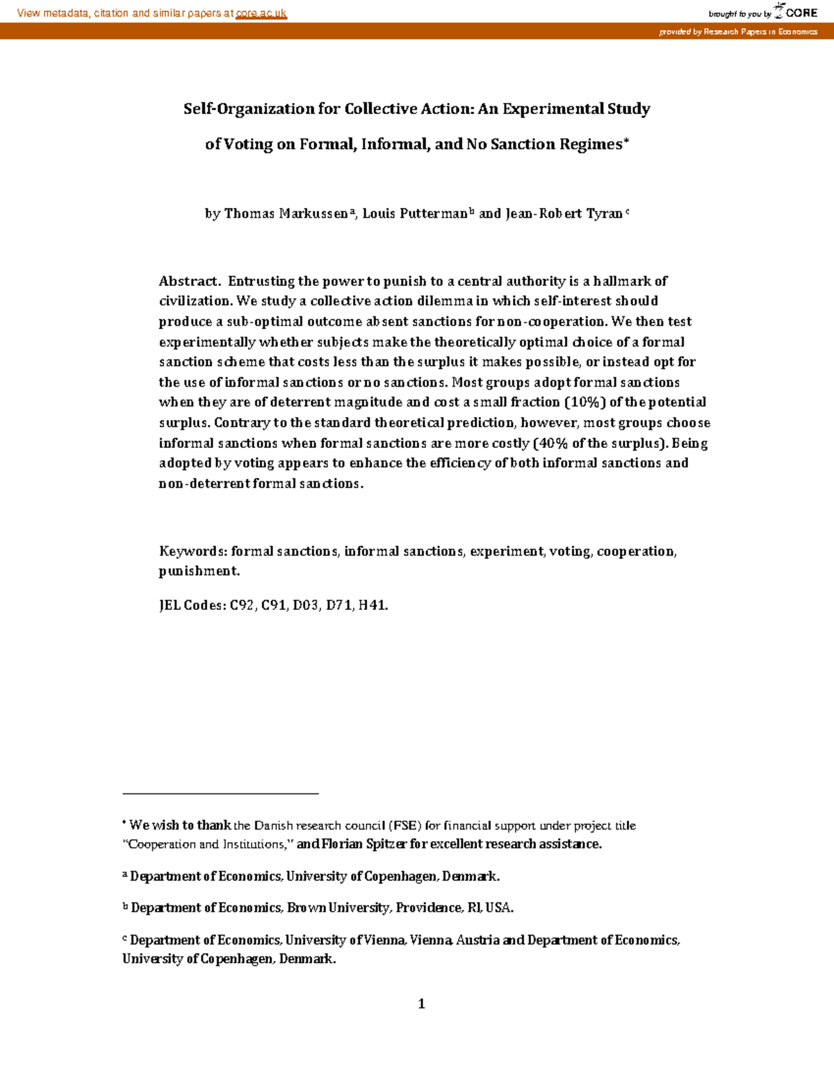 Self­Organization for Collective Action: An Experimental Study of ...